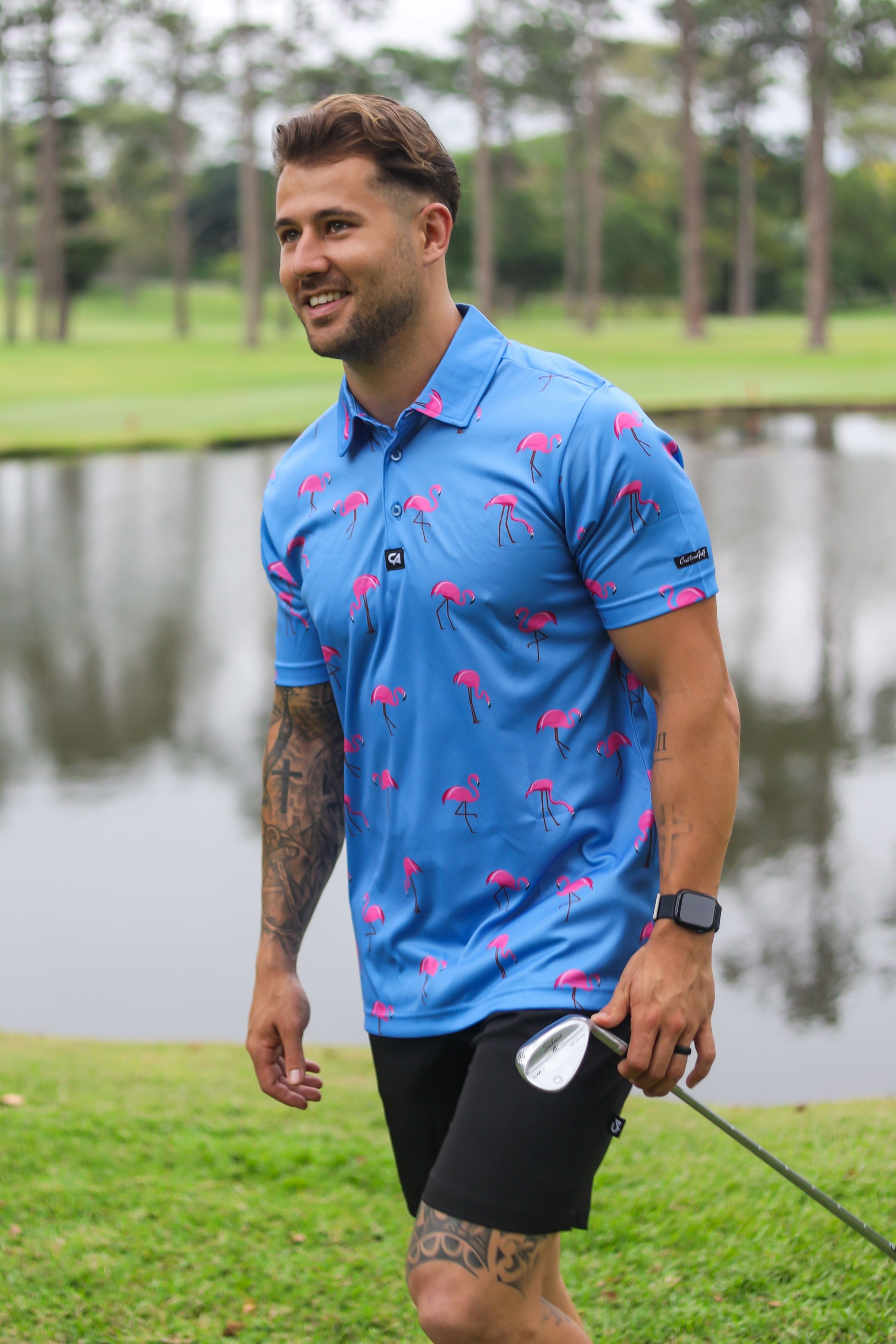 CA Funky Golf Shirt | Blue-Dotted Flamingo – Custom Apparel