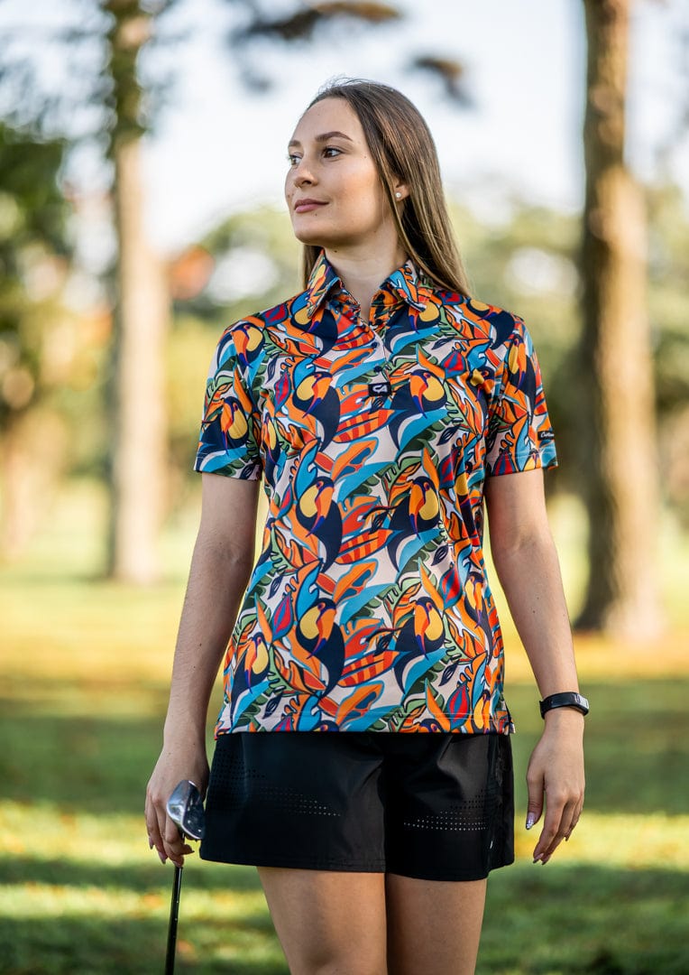 CA Ladies Funky Golf Shirt | Sunset Toucans – Custom Apparel